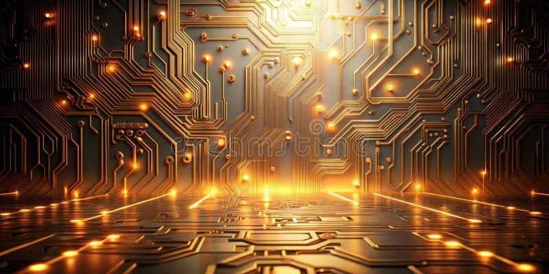 Illuminated Gold Circuit Board Abstract Background a Futuristic ...