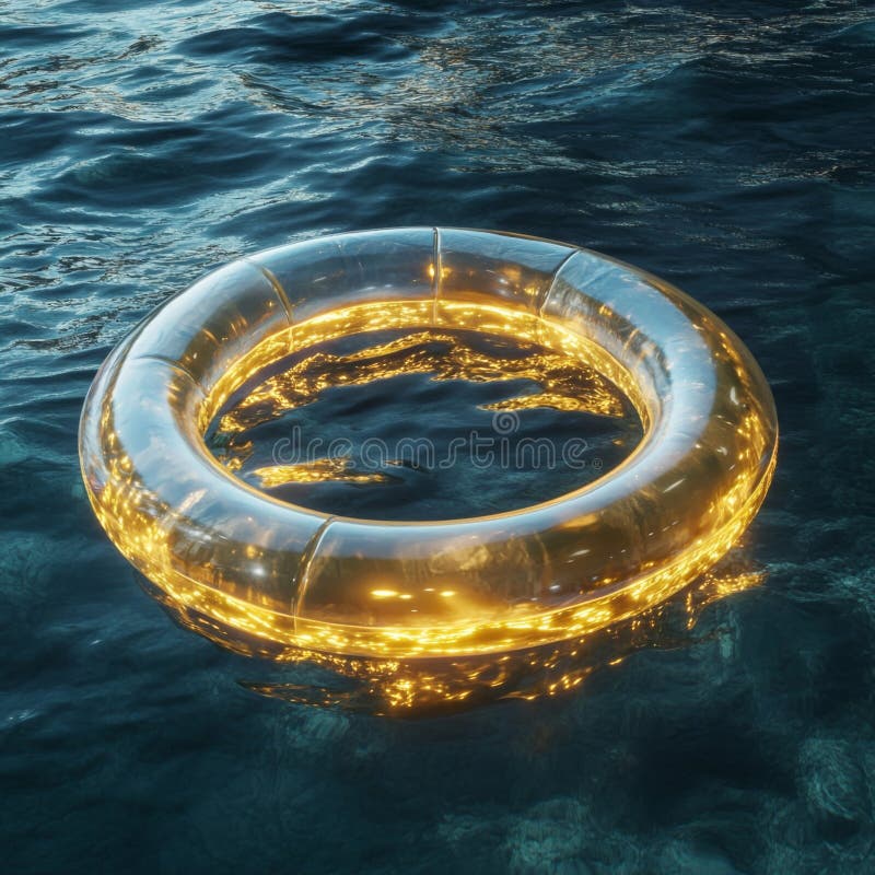 Illuminated Gold Ring Floating on Ocean Water at Dusk Stock Image ...