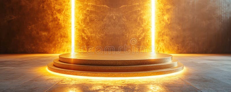 Illuminated Golden Circular Podium with Dramatic Backlighting Effect ...