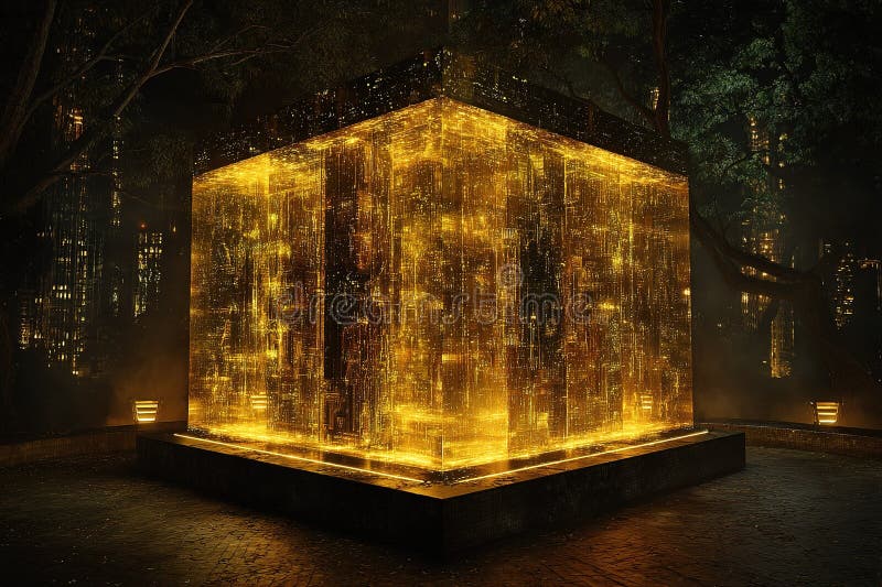 Illuminated Golden Cube Structure in a Dark Forest Setting at Night ...
