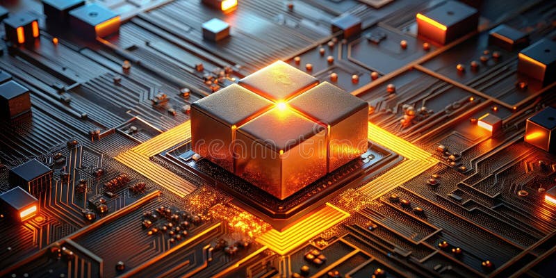 Illuminated Golden Cubes Resting Atop a Complex Circuit Board ...