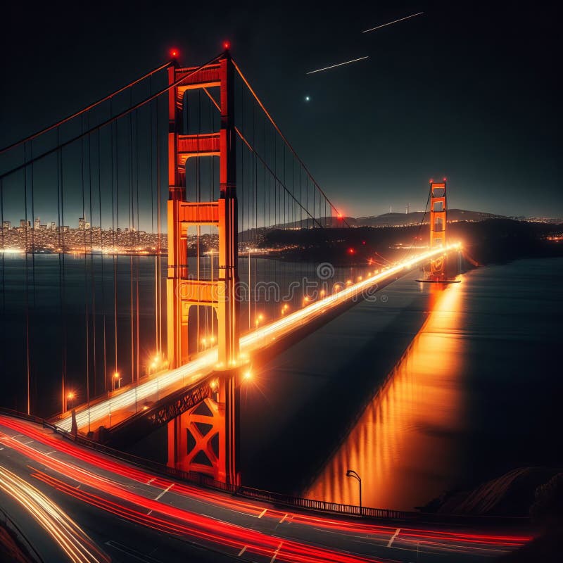 Illuminated Golden Gate Bridge at Night with Light Trails Stock Photo ... Illuminated Golden Gate Bridge at Night with Light Trails Stock Photo ...
