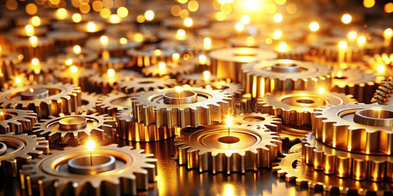Illuminated Golden Gears Intermeshed in Complex Mechanical Harmony. Generative AI Stock ...
