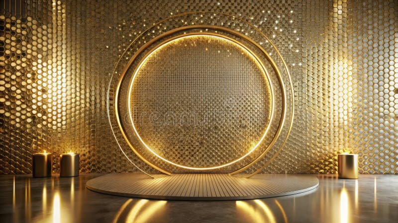 Illuminated Golden Hexagon Pattern Backdrop with Circular Stage ...