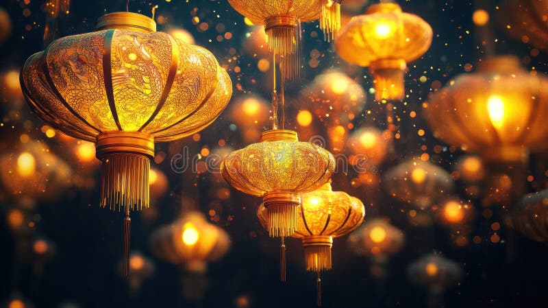 Illuminated Golden Lanterns Glowing in Dark Night Stock Illustration ...