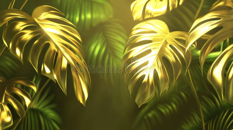 Illuminated Golden Monstera Leaves Stand Out in the Dark Stock Image ...