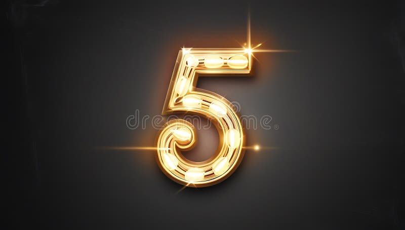 Illuminated Golden Number Five on Dark Background Stock Illustration ...