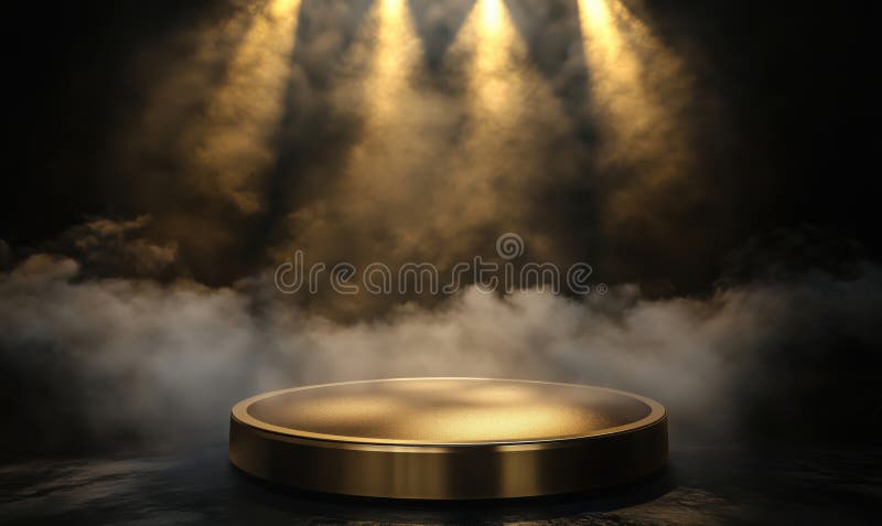 Illuminated Golden Stage Platform with Dramatic Lighting and Fog ...