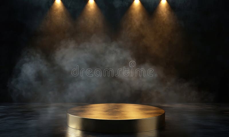 Illuminated Golden Stage Platform with Dramatic Lighting and Fog ...