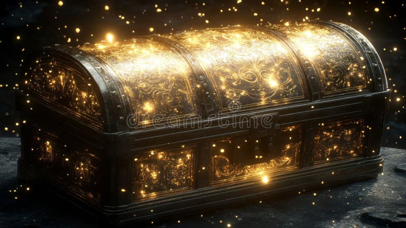 Illuminated Golden Treasure Chest with Glittering Light on Stone ...