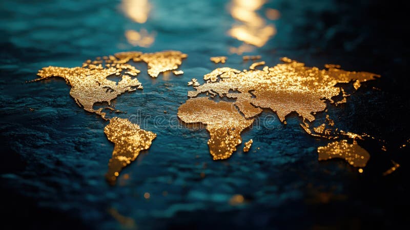 Illuminated Golden World Map on Dark Surface Stock Illustration ...
