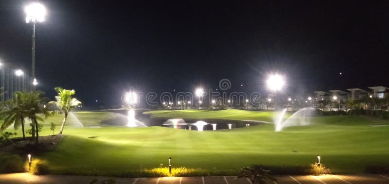 Illuminated Golf Course at Night Stock Image - Image of golf, night ...