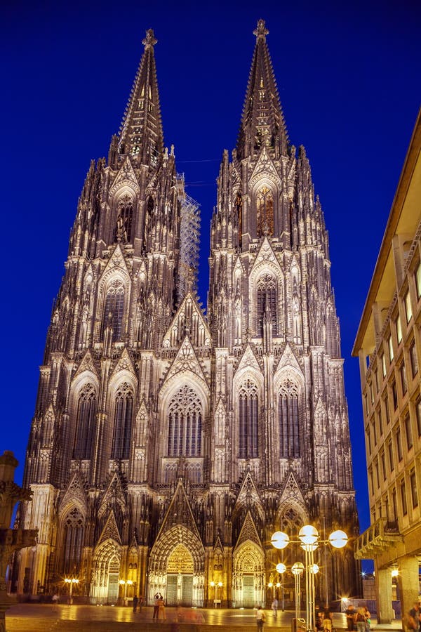 Illuminated Gothic Cologne Cathedral at Night, Germany Stock Image ...