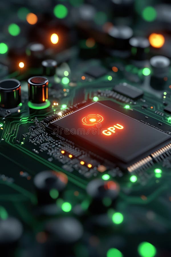 Illuminated GPU Chip Surrounded by Circuit Board Components in a High ...