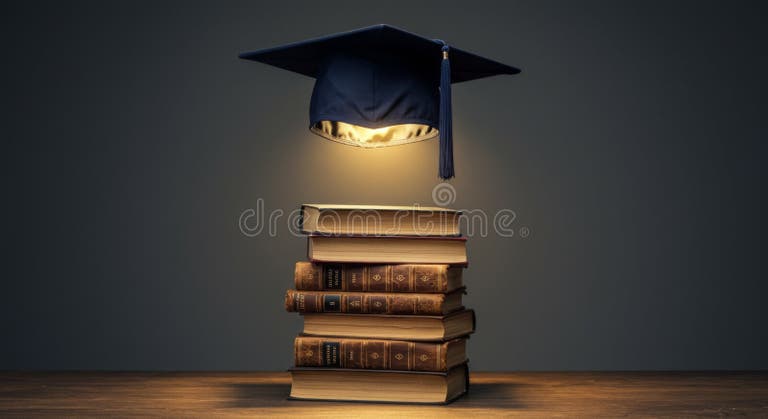 Illuminated Graduation Cap Atop Stack of Old Books Stock Illustration ...