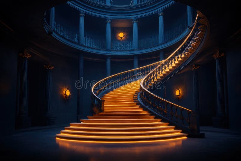 Illuminated Grand Spiral Staircase with Warm Lighting in Elegant ...