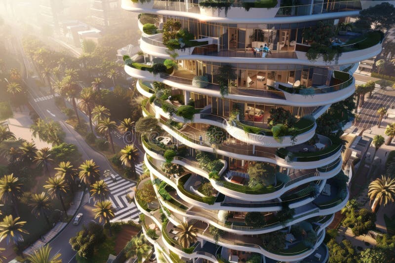 Illuminated Green Building at Night with Luxurious Living Spaces. Stock ...