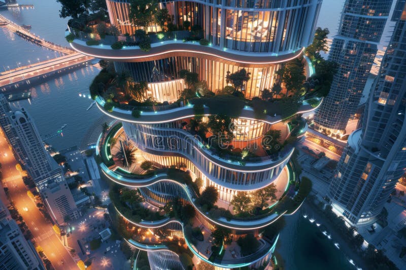 Illuminated Green Building at Night with Luxurious Living Spaces. Stock ...