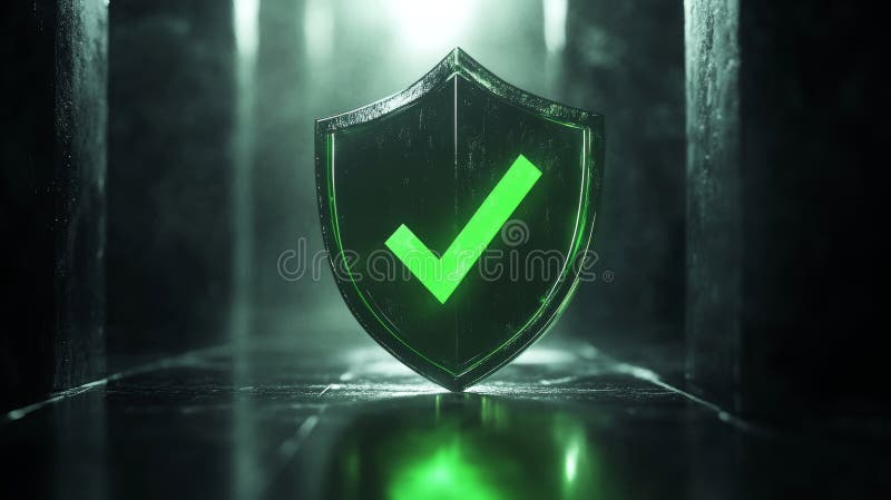 Illuminated Green Check Mark on a Shield in Dark Environment ...
