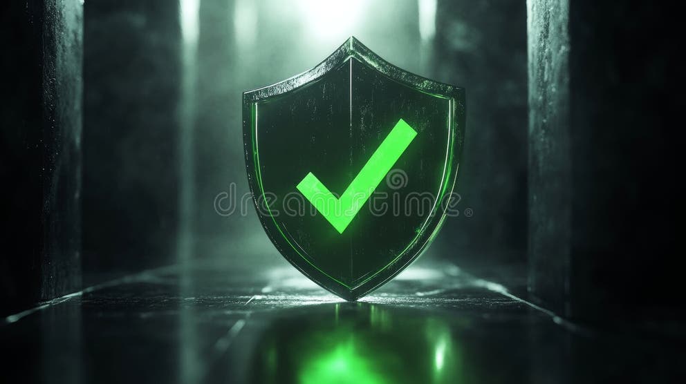 Illuminated Green Check Mark on a Shield in Dark Environment ...