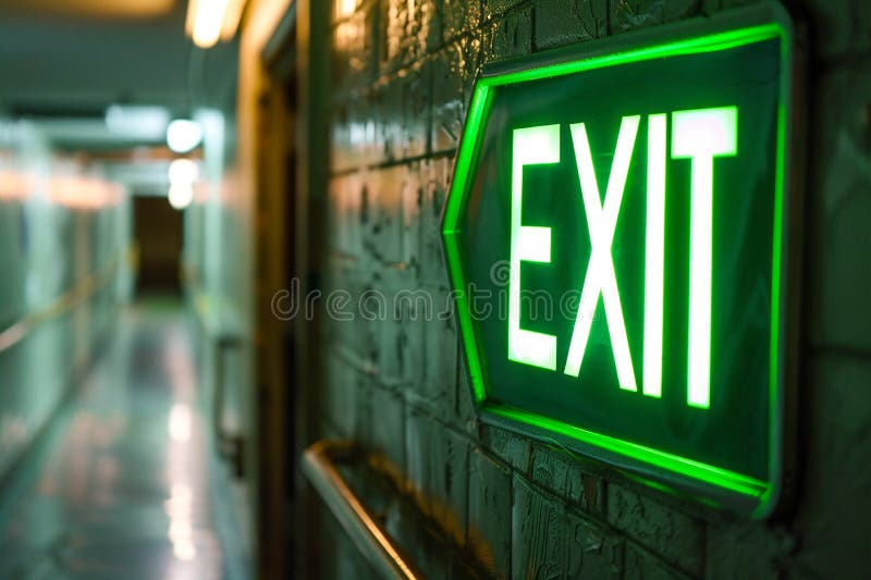 Illuminated Green Exit Sign in a Dark Hallway, Providing Guidance for ...