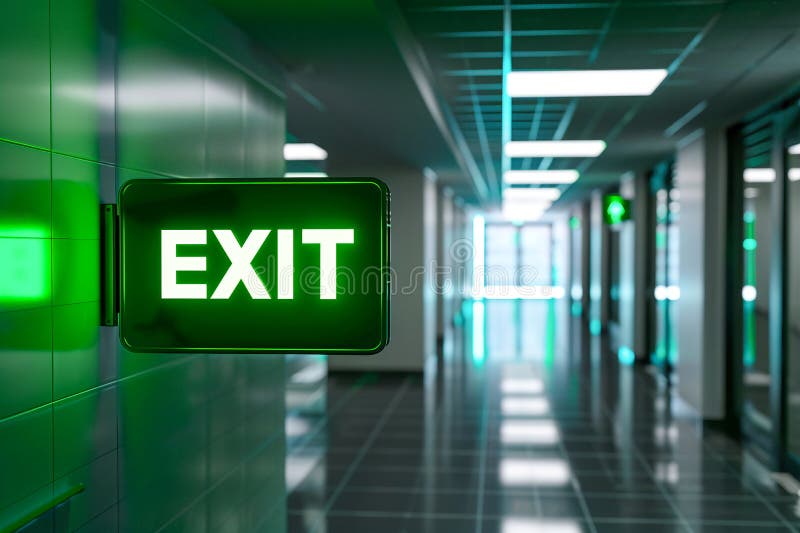 Illuminated Green Exit Sign in a Dark Hallway, Providing Guidance for ...