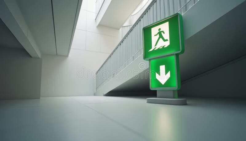 Illuminated Green Exit Signs in a Modern, Minimalist Hallway Stock ...