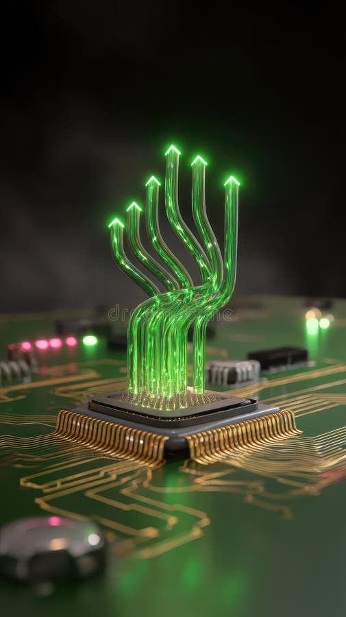 Illuminated Green Fiber Optics Connecting To the CPU on a Circuit Board ...