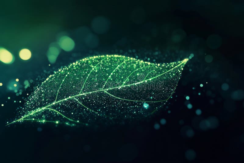 Illuminated Green Leaf of Particles on Dark Background Symbolizing Eco ...