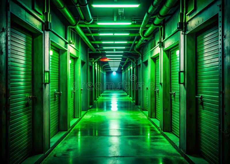 Illuminated Green Neon Doors in a Mysterious Urban Corridor Exploring ...