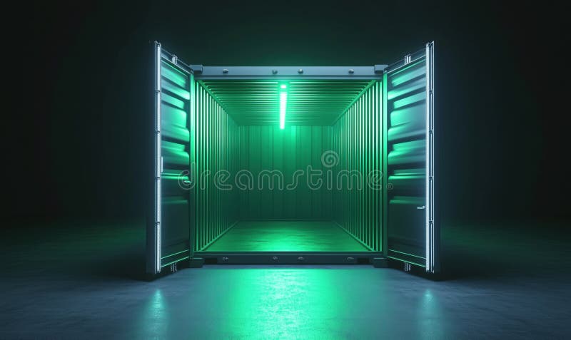 Illuminated Green Shipping Container with Open Doors in Dark ...