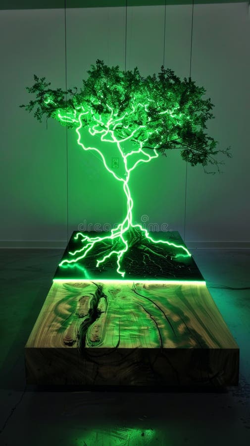 Illuminated Green Tree Sculpture with Neon Light Effects Stock Photo ...