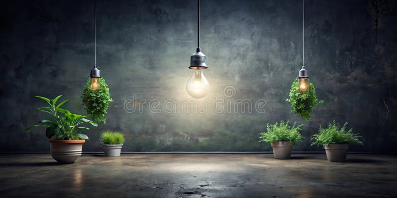 Illuminated Greenery Indoor Plants and Hanging Edison Bulbs in a Rustic ...