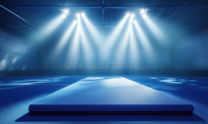 Illuminated Gymnastics Mat in Empty Sports Hall with Dramatic Lighting ...