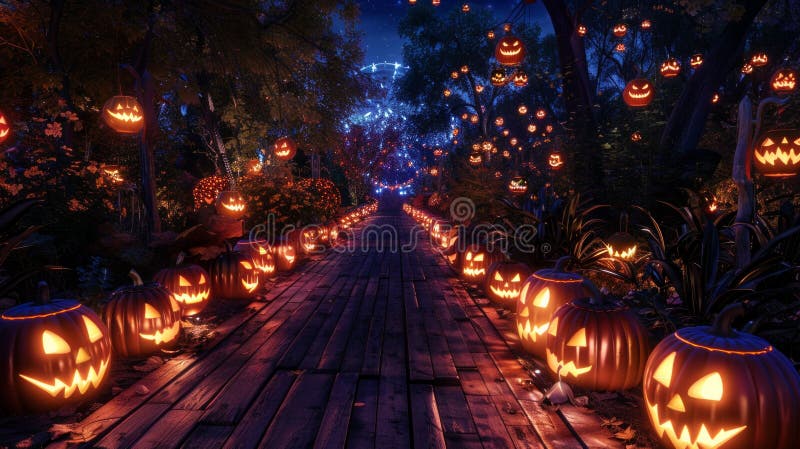 Illuminated Halloween Pathway Decorated with Pumpkins and Ghostly Orbs ...
