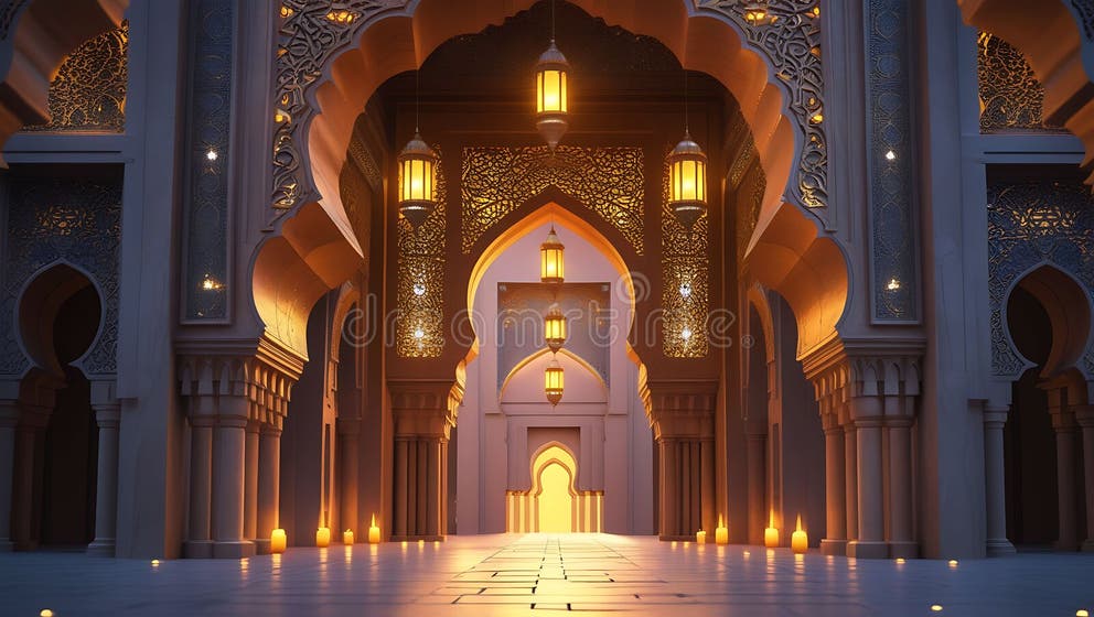 Illuminated Hallway with Arches and Lanterns in a Middle Eastern ...