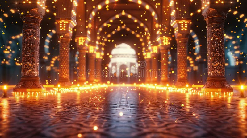 Illuminated Hallway with Ornate Pillars and Falling Lights Stock Photo ...