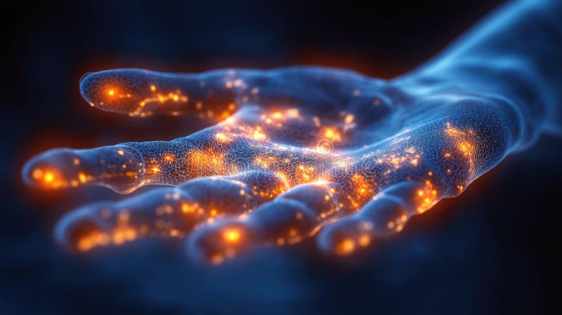 Illuminated Hand with Glowing Particles on Dark Background Stock Photo ...