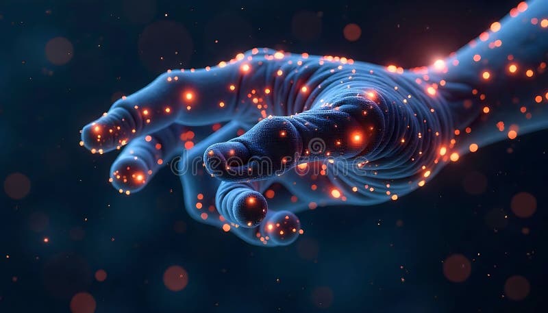 Illuminated Hand with Glowing Particles Floating Around it in a Dark ...