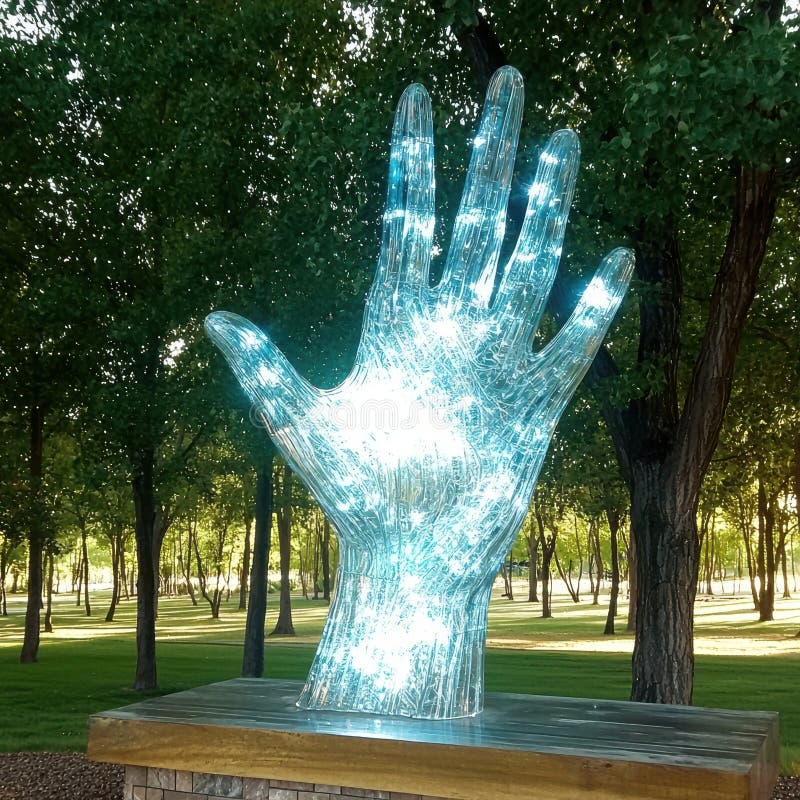 Illuminated Hand Sculpture in a Park Setting. Stock Illustration ...