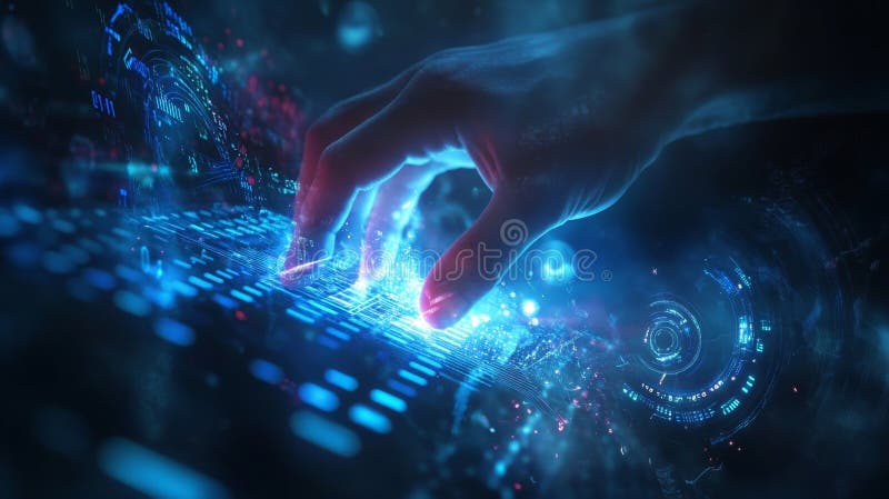 Illuminated Hand Touching Digital Data in Futuristic Tech Environment ...