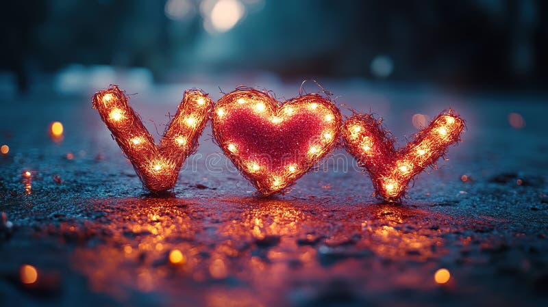 Illuminated Heart and Check Marks, Romantic Scene, Outdoors at Night ...