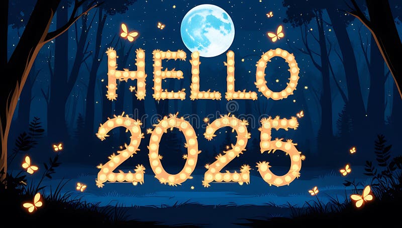 Illuminated Hello Two Thousand Twenty Five in a Forest Setting Stock ...