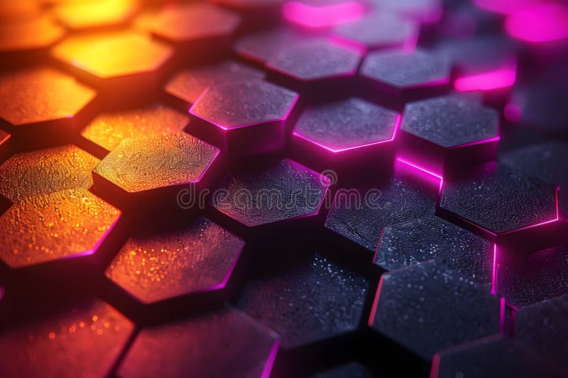 Illuminated Hexagonal Keyboard Tiles with Water Drops in Vibrant Neon ...