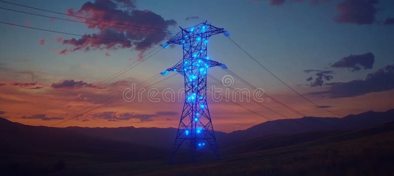 Illuminated High-Voltage Power Lines Against a Colorful Sunset, Power ...