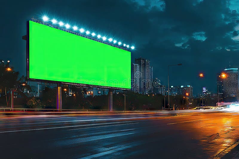 Illuminated Highway Abstract Art on Billboard Over City Night Lights ...