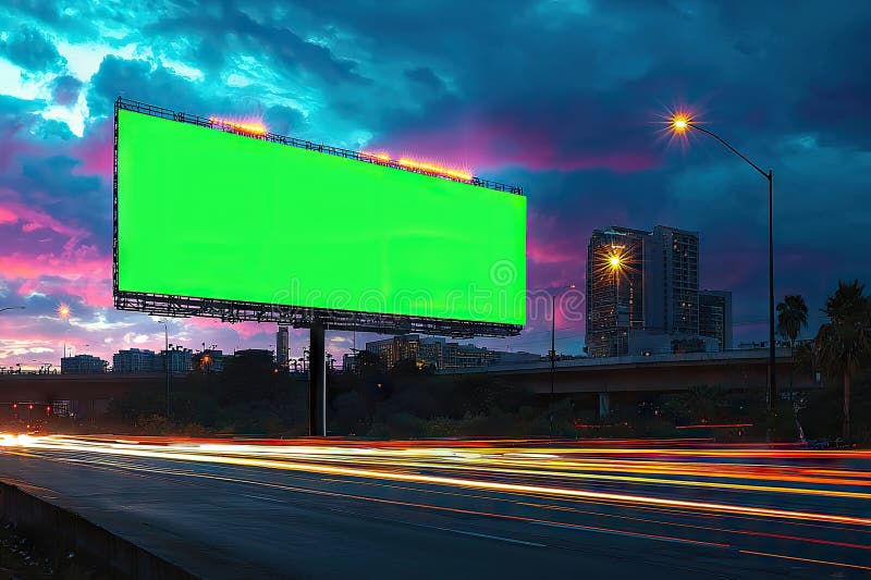 Illuminated Highway Abstract Art on Billboard Over City Night Lights ...