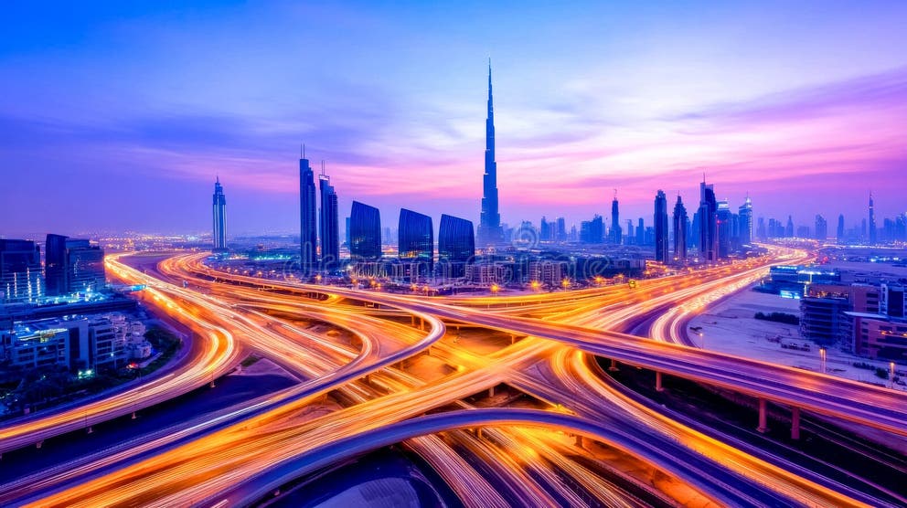 Illuminated Highway Interchange at Dusk Stock Image - Image of colorful ...