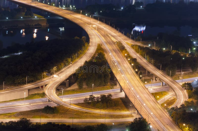 Illuminated Highway Intersection at Night. Stock Image - Image of ...