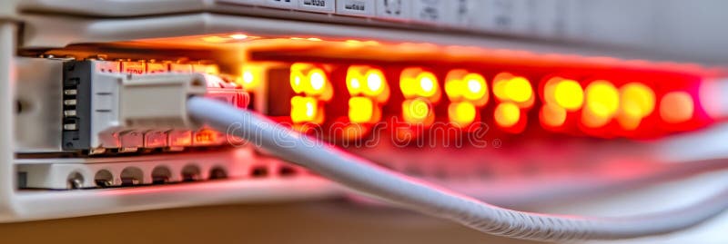 Illuminated Home Electrical Panel with Network Cable Connected a Close ...